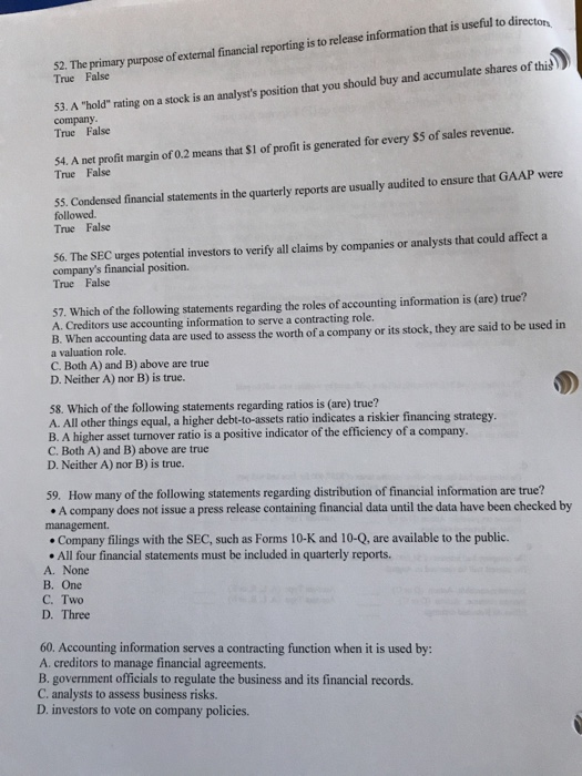 Solved 52. The primary purpose of external financial | Chegg.com