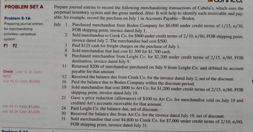 Solved PROBLEM SETA Problem 5-1A Preparing journal entries | Chegg.com