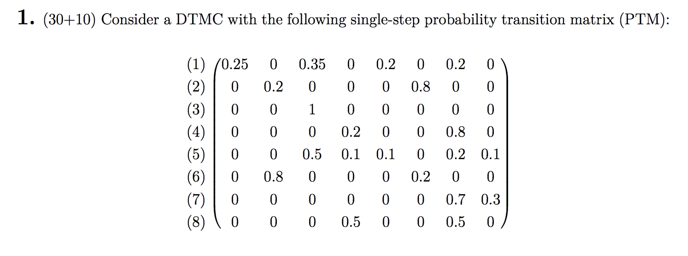 Solved 1. (30+10) Consider a DTMC with the following | Chegg.com