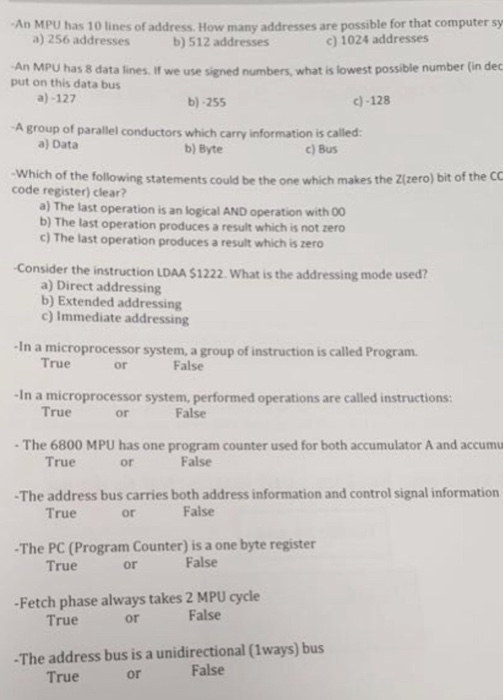 Solved An MPU has 10 lines of address. How many addresses | Chegg.com