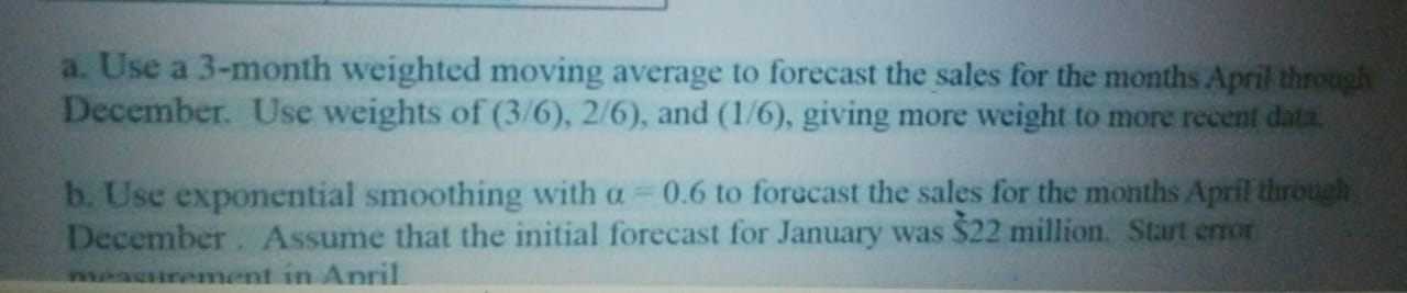 Solved a. ﻿Use a 3-month weighted moving average to forecast | Chegg.com