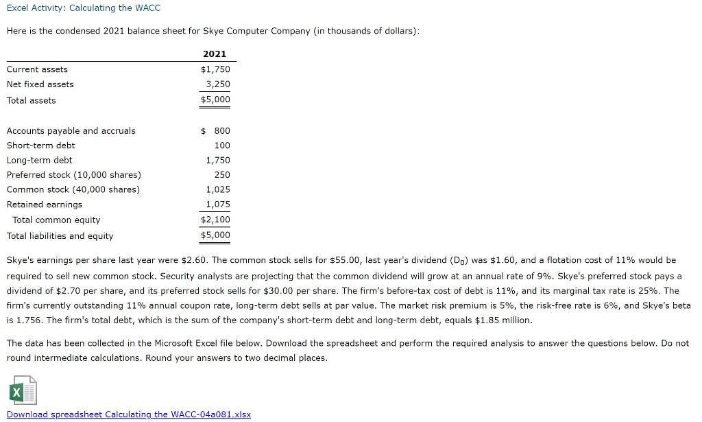 Solved Excel Activity: Calculating the WACC Here is the | Chegg.com