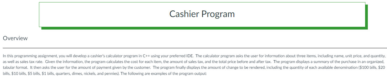 Solved Cashier Program Overview In this programming | Chegg.com