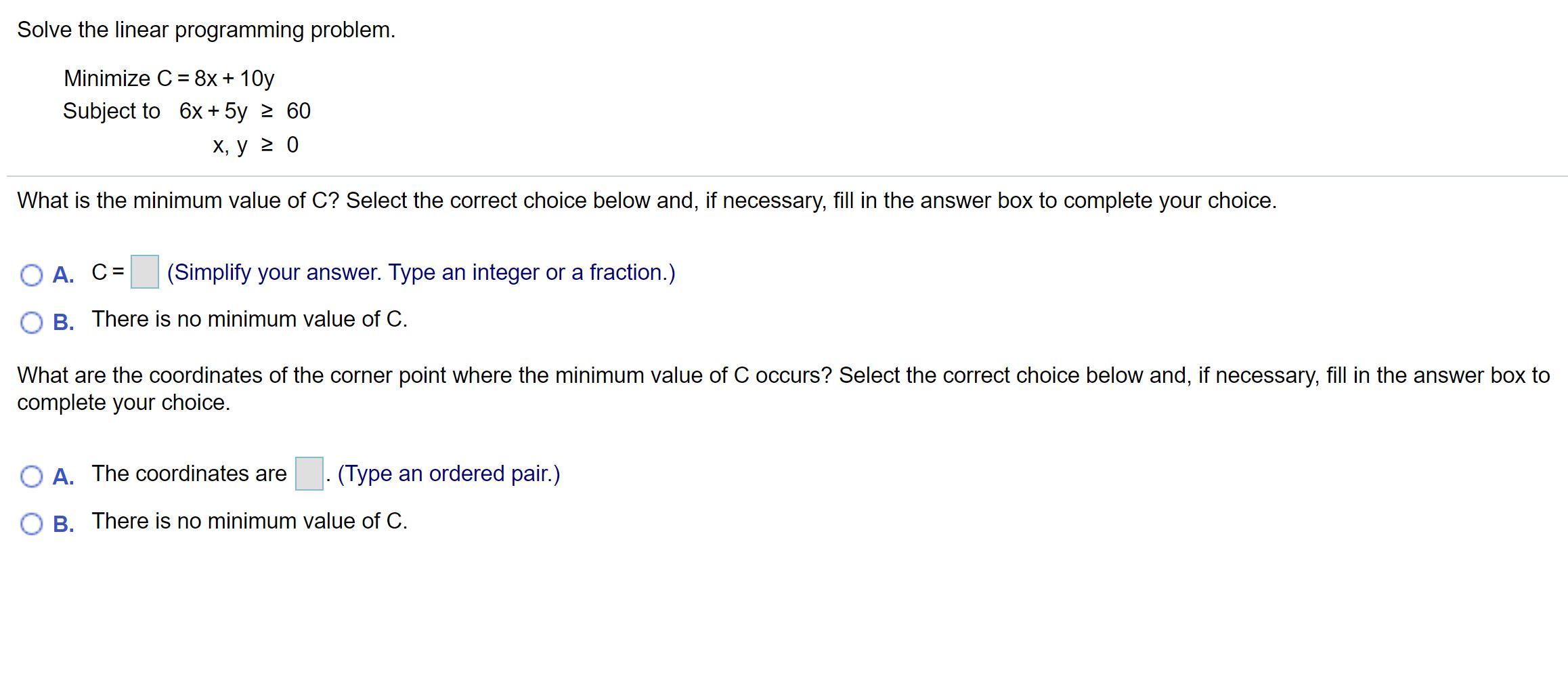 Solved Solve the linear programming problem. Minimize C = 8x | Chegg.com