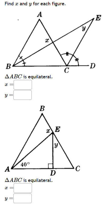Solved Find x and y for each figure. ABC is equilateral. x= | Chegg.com