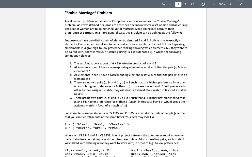 Page of 8 ZOOM "Stable Marriage" Problem A | Chegg.com