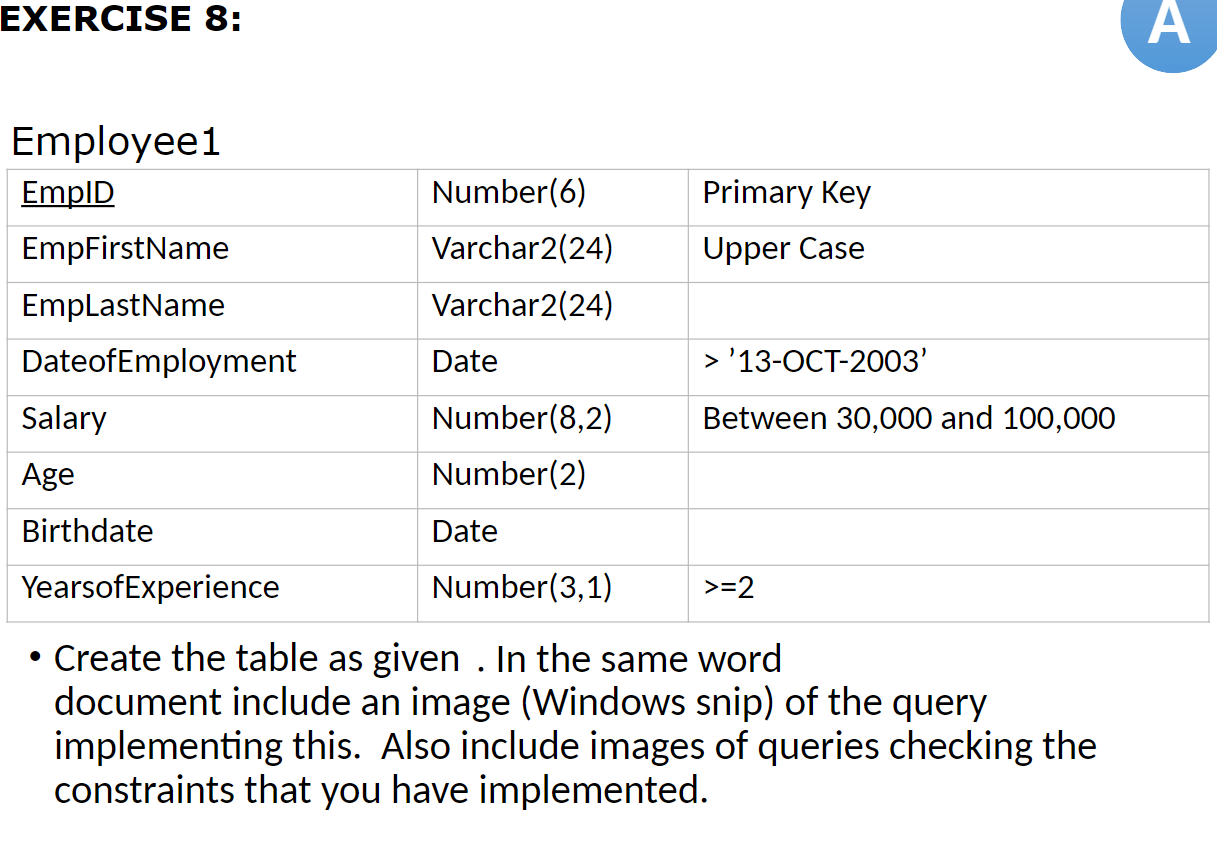 Solved EXERCISE 8: A Employee1 EmplD EmpFirstName | Chegg.com