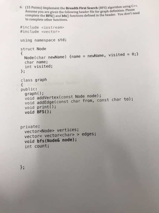 6 (15 Points) Implement the Breadth First Search | Chegg.com