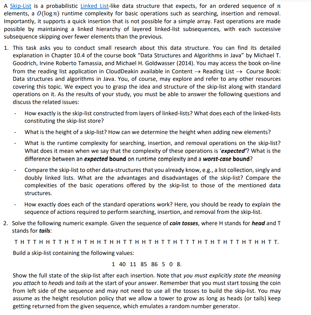 Solved A Skip-List is a probabilistic Linked List-like data | Chegg.com