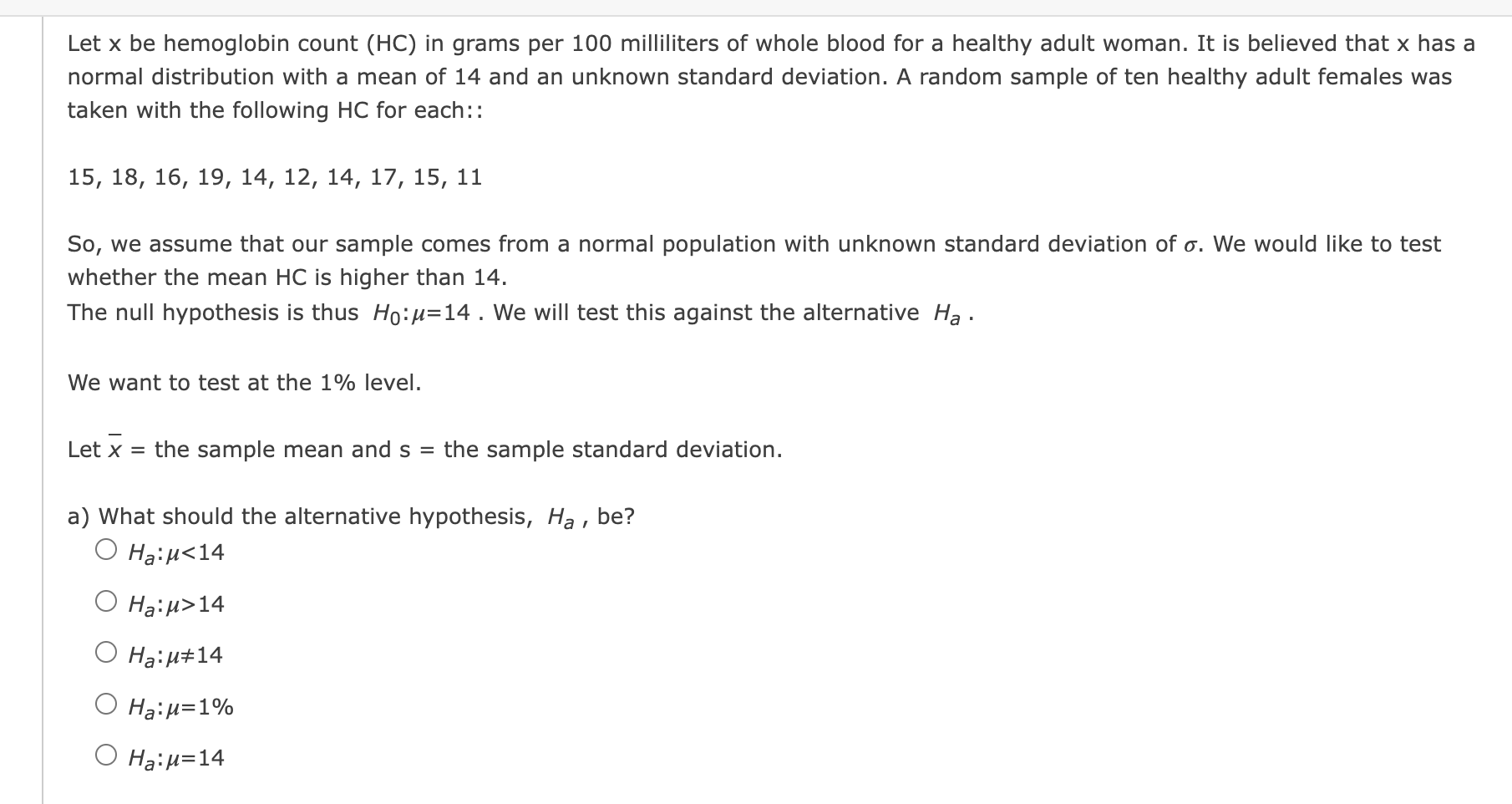 Solved Let x be hemoglobin count (HC) in grams per 100 | Chegg.com