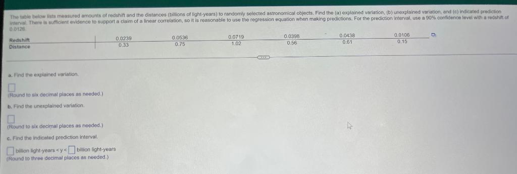 Solved The table below lists measured amounts of redshift | Chegg.com