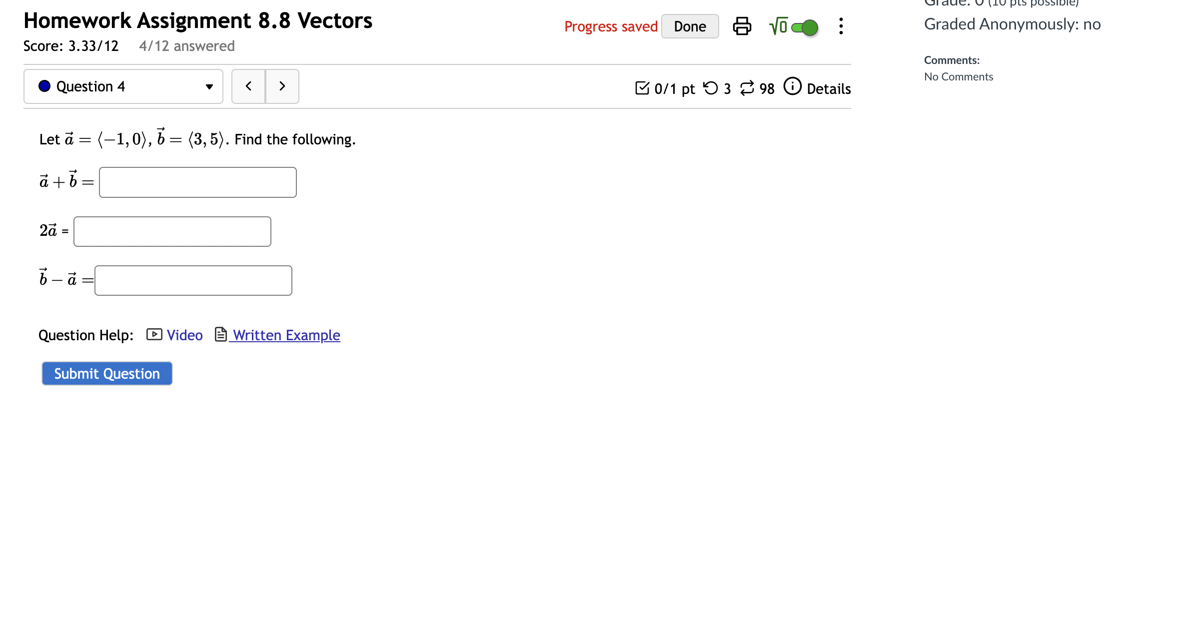 Solved Homework Assignment 8.8 Vectors Score: 3.33/12 4/12 | Chegg.com