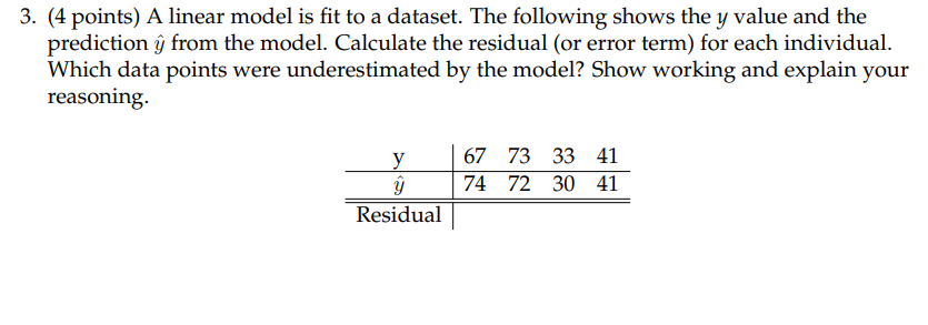 Solved 3. (4 points) A linear model is fit to a dataset. The | Chegg.com