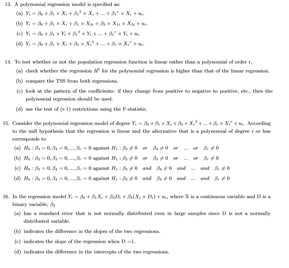 Solved 13. A polynomial regression model is specified as: | Chegg.com