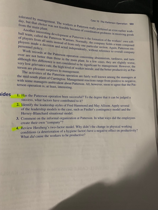 Solved Case Ten The Patterson Operation BACKGROUND Inc., is | Chegg.com