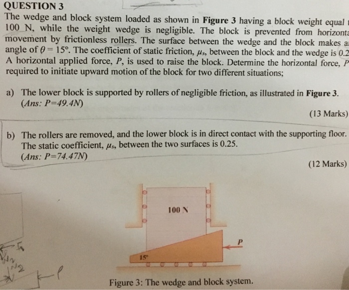 Solved QUESTION 3 The wedge and block system loaded as shown | Chegg.com