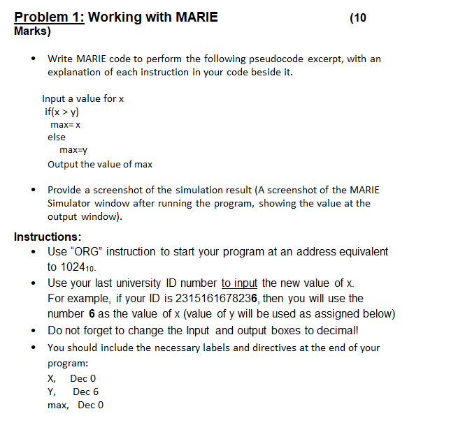 Solved - Write MARIE code to perform the following | Chegg.com