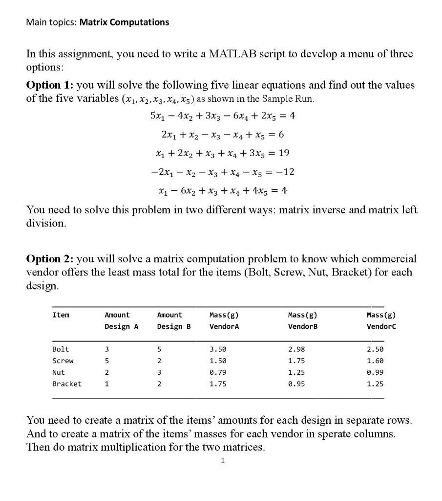 Main topics: Matrix Computations In this assignment, | Chegg.com