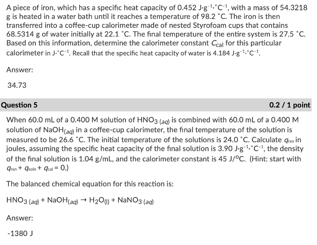 Solved A piece of iron, which has a specific heat capacity | Chegg.com
