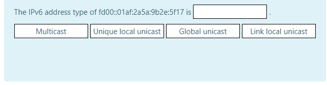 The IPv6 address type of fd00:01af:00cc:9b2e:5f17 is | Chegg.com
