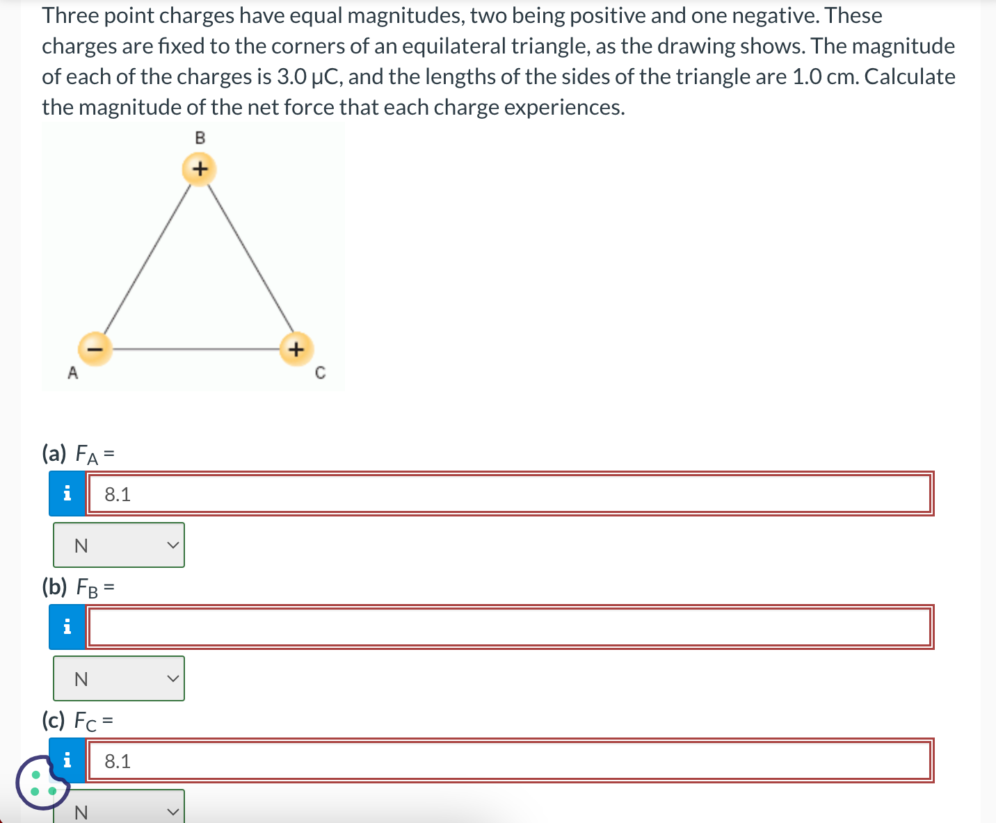 Solved Three point charges have equal magnitudes, two being | Chegg.com