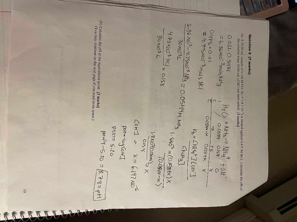 Solved (a) A 20.00 mL sample of 0.318MNH(K,=1.8×10−5) is | Chegg.com