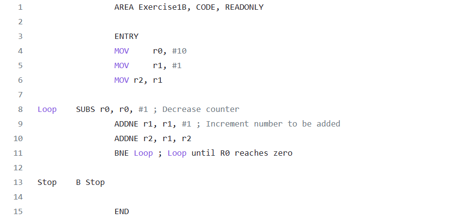 Solved AREA Exercise1B, CODE, READONLY ENTRY MOV ro, #10 MOV | Chegg.com