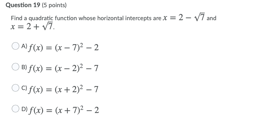 Solved Question 19 (5 points) Find a quadratic function | Chegg.com