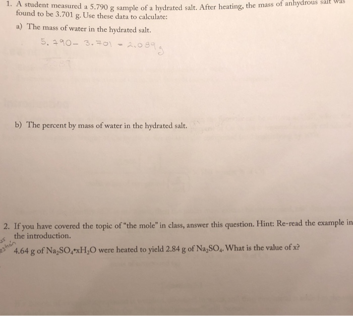 Solved the mass of anhydrous sal Wa g sample of a hydrated | Chegg.com