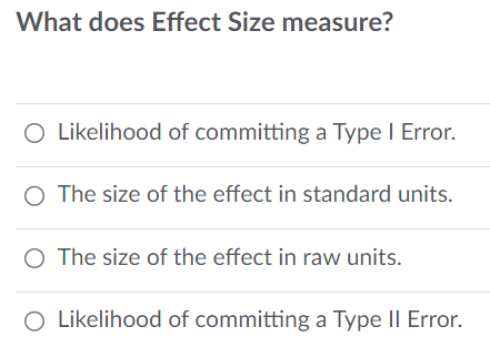 Solved What does Effect Size measure? Likelihood of | Chegg.com