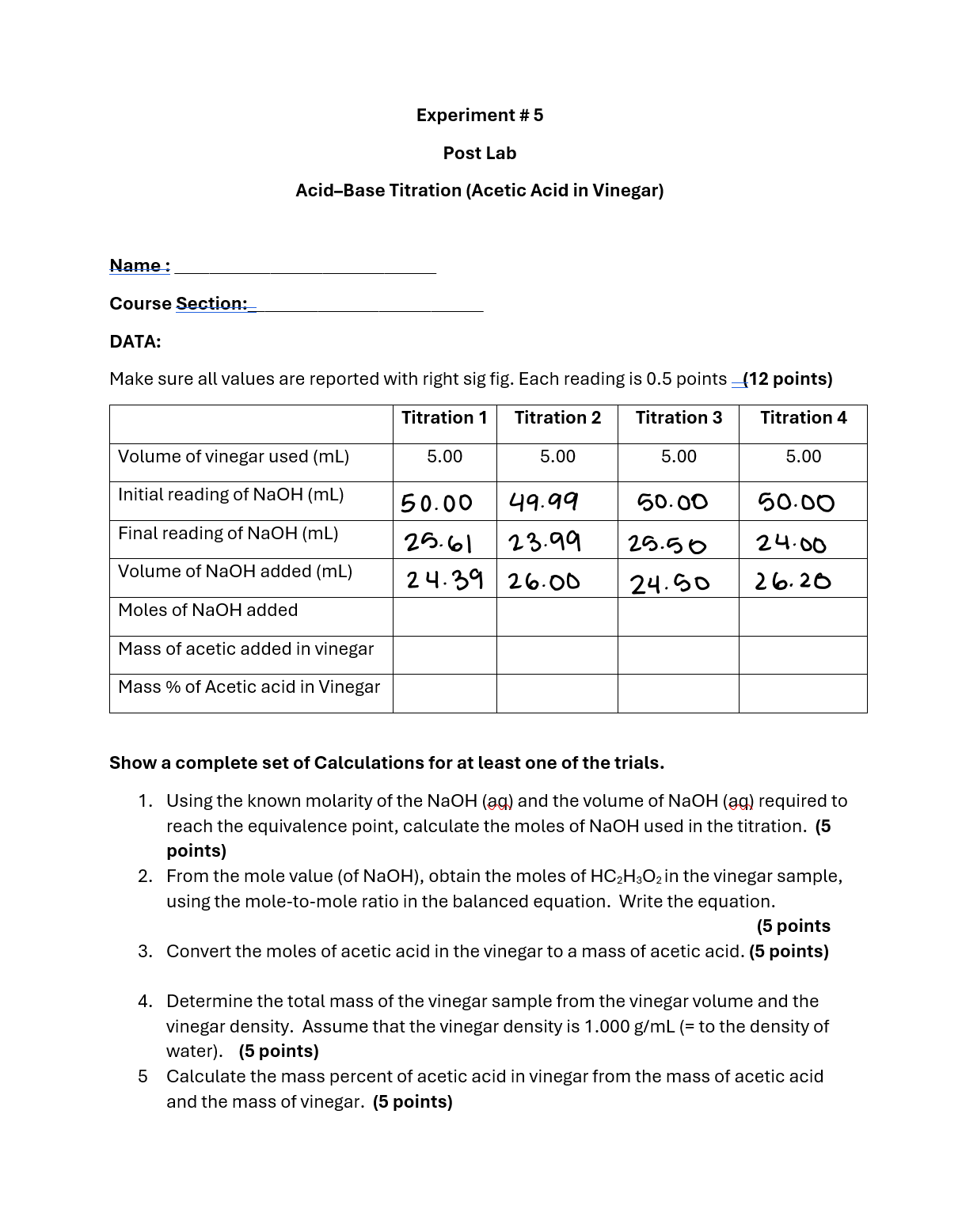 Experiment # 5Post LabAcid-Base Titration (Acetic | Chegg.com