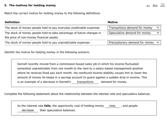 Solved 5. The motives for holding money Aa Aa Match the | Chegg.com