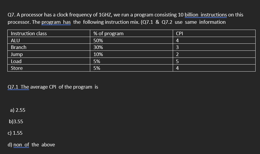 Solved Q7. A processor has a clock frequency of 1GHZ, we run | Chegg.com