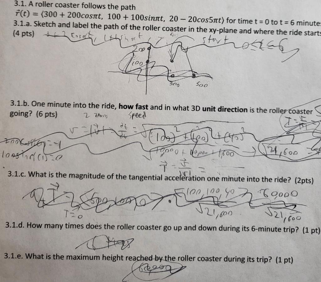 Solved 3.1. A roller coaster follows the path i(t) = (300 + | Chegg.com