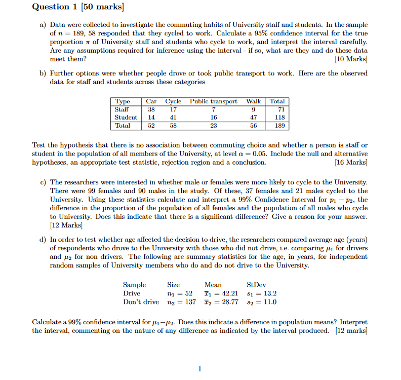 Solved a) Data were collected to investigate the commuting | Chegg.com
