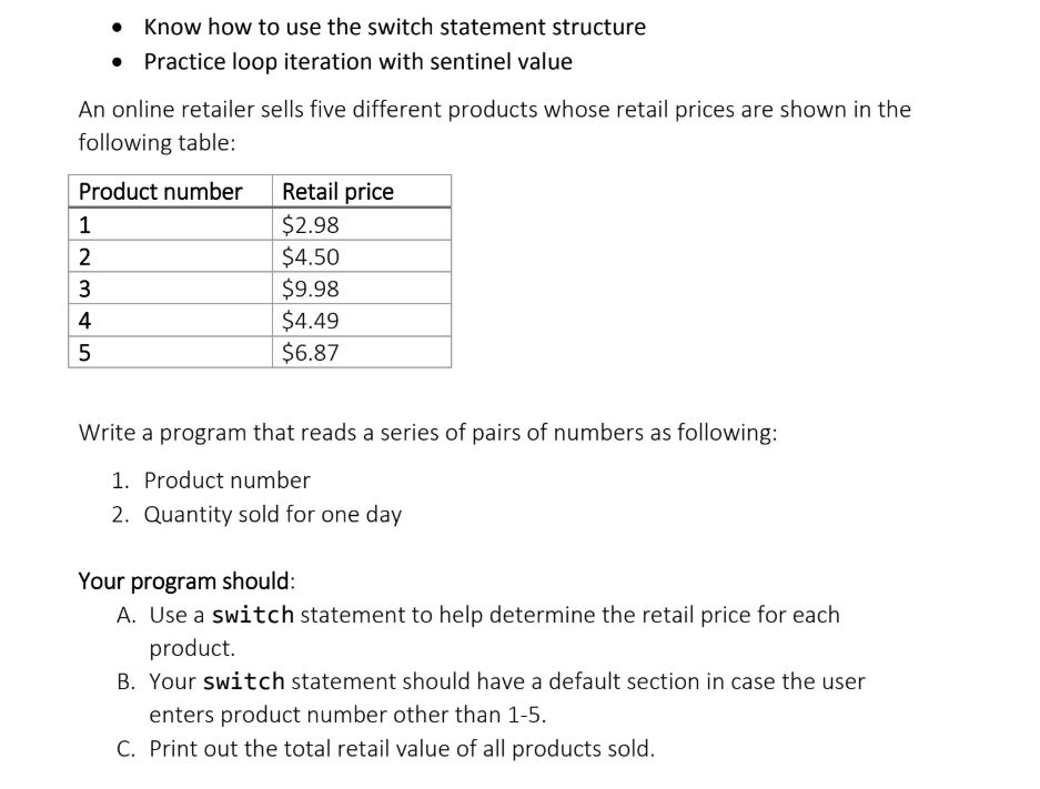 Solved Know how to use the switch statement structure . | Chegg.com