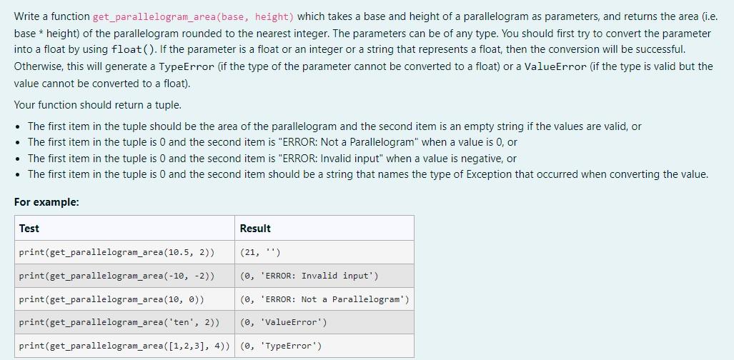 Solved Write a function get_parallelogram_area (base, | Chegg.com