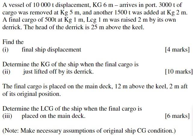 Solved A vessel of 10000t displacement, KG6 m - arrives in | Chegg.com