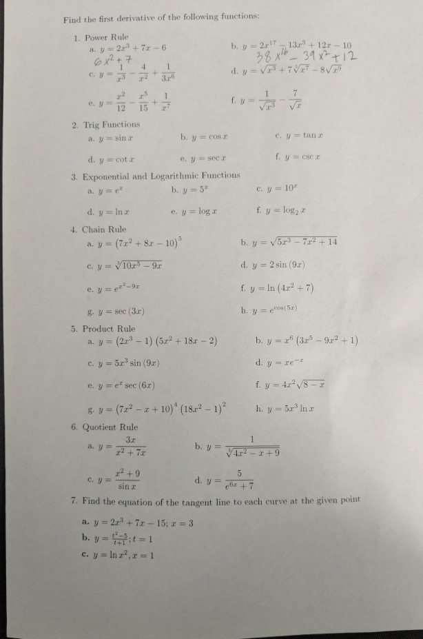 Solved Find the first derivative of the following functions: | Chegg.com