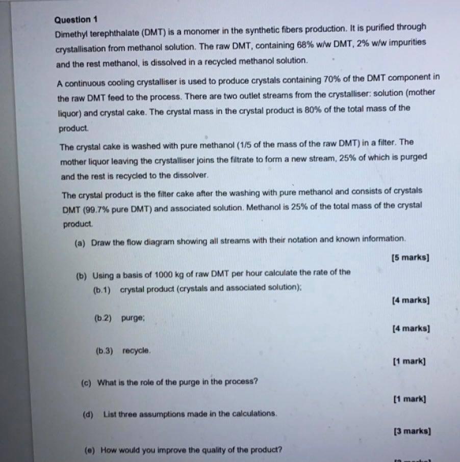 Solved Question 1 Dimethyl terephthalate (DMT) is a monomer | Chegg.com