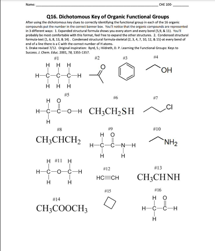 Solved Name: CHE 100- Q16. Dichotomous Key of Organic | Chegg.com
