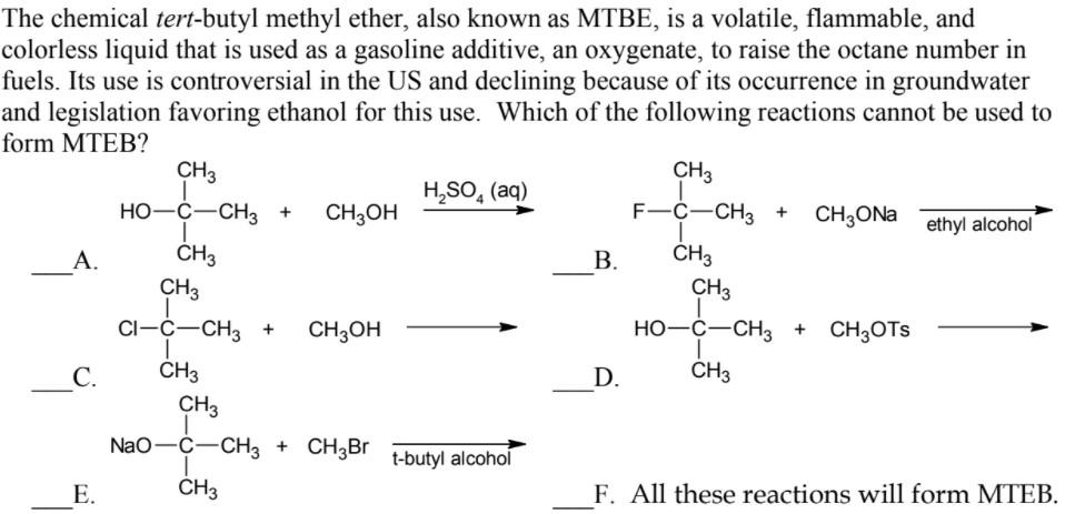 Solved + + The chemical tert-butyl methyl ether, also known | Chegg.com