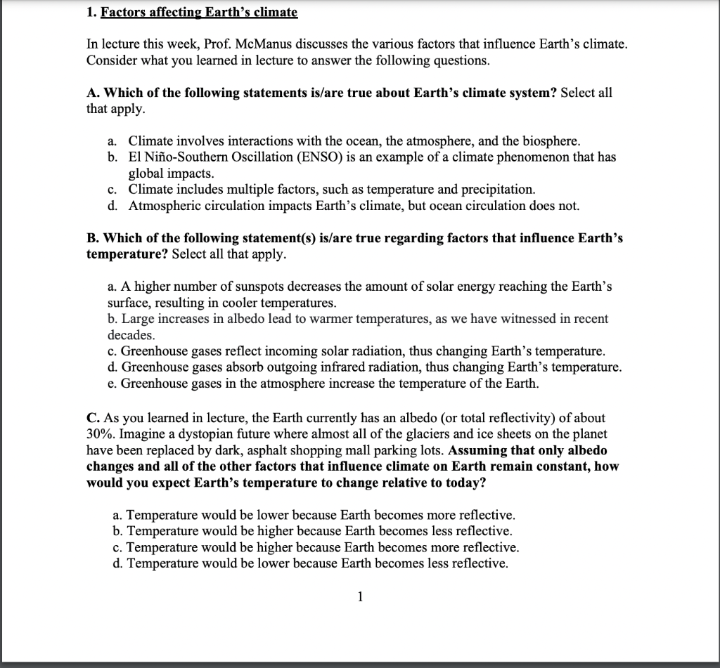 Solved 1. Factors affecting Earth's climate In lecture this | Chegg.com
