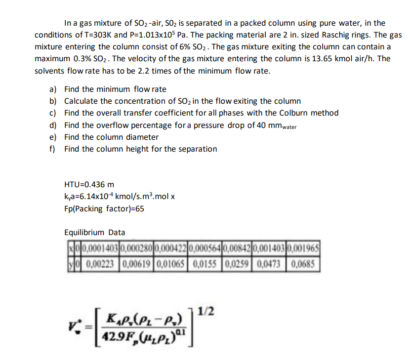 Solved In a gas mixture of SO2-air, S02 is separated in a | Chegg.com