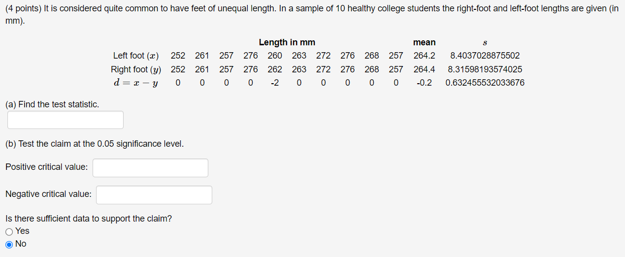 Solved (a) Find the test statistic. (b) Test the claim at | Chegg.com