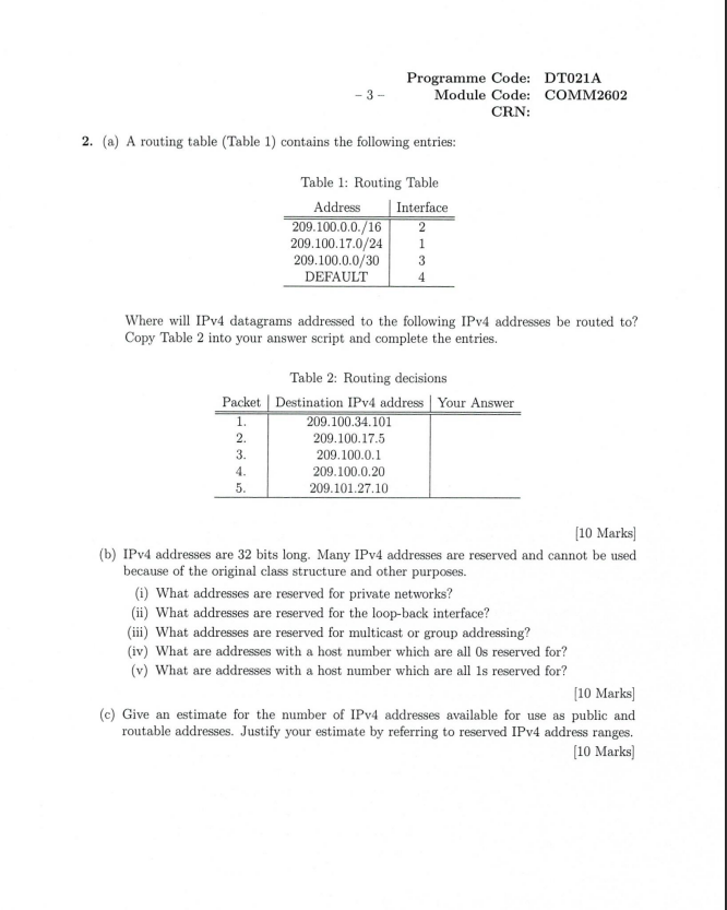 Solved 2. (a) A routing table (Table 1) contains the | Chegg.com