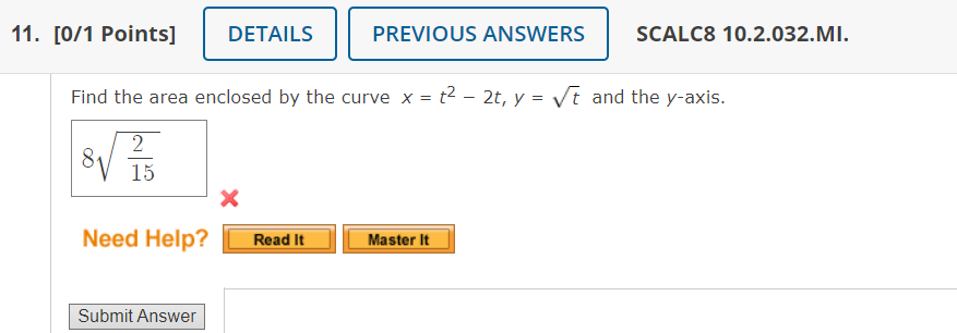 Solved Find the area enclosed by the curve x=t2−2t,y=t and | Chegg.com