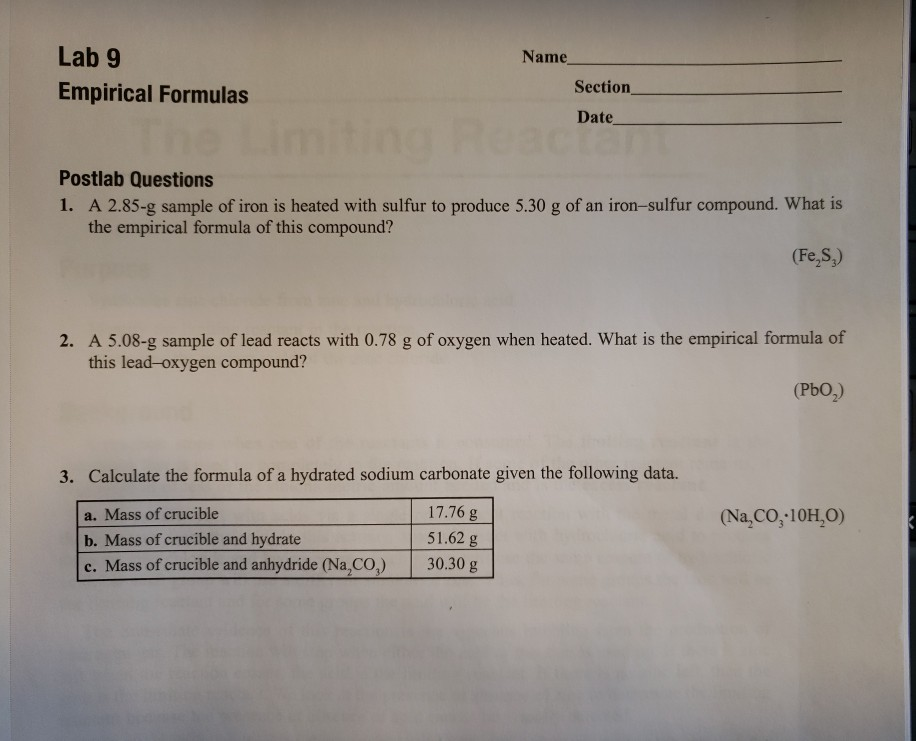 Solved Lab 9 Empirical Formulas Name Section Date Postlab | Chegg.com