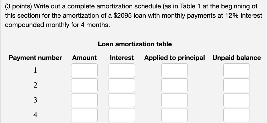 Solved (3 points) Write out a complete amortization schedule | Chegg.com