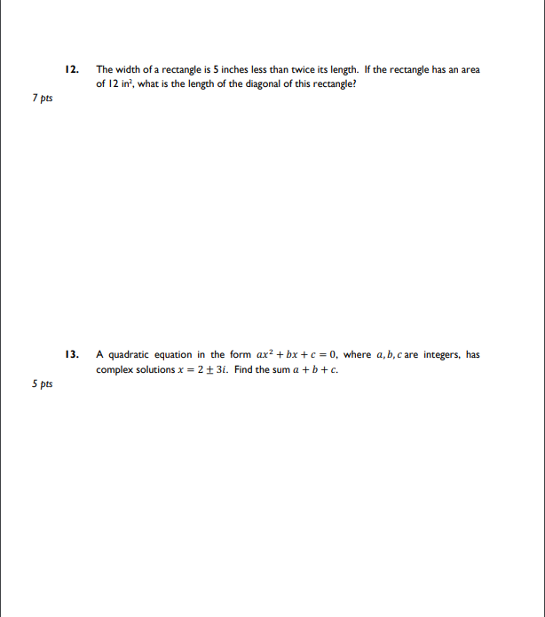 Solved 12. The width of a rectangle is 5 inches less than | Chegg.com